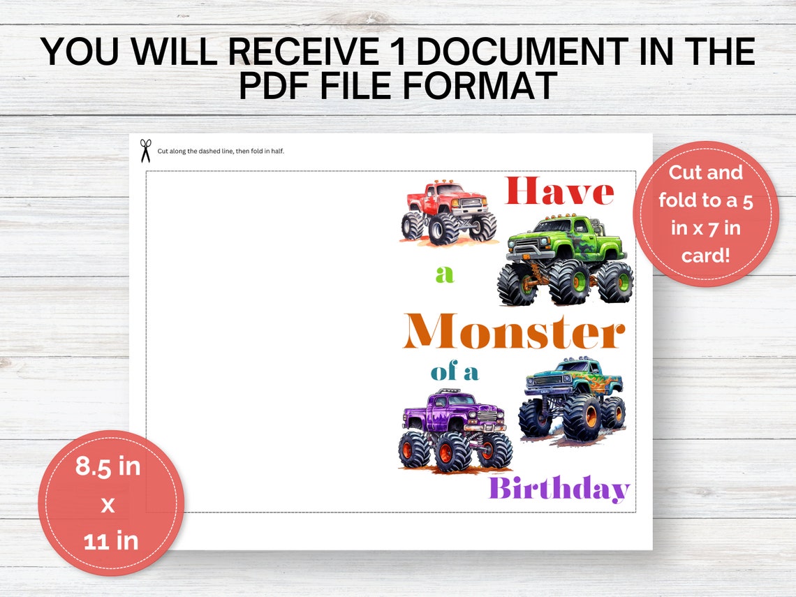 Printable Monster Truck Birthday Card for Kid Birthday Card Printable ...