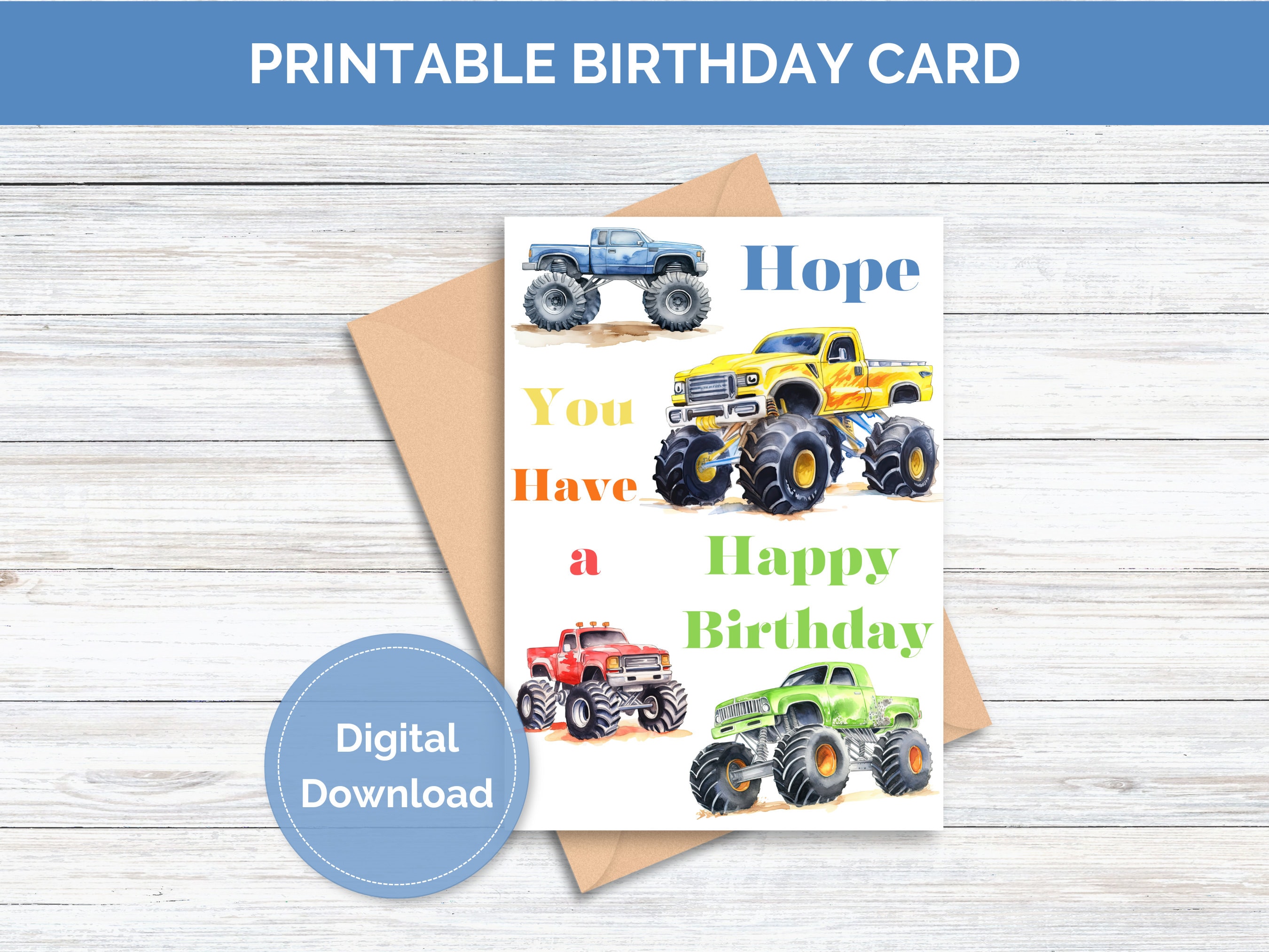 Printable Monster Truck Birthday Card for Kid Birthday Card Printable ...