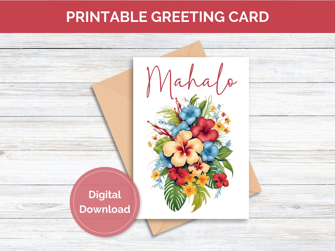 Printable Greeting Card Mahalo Hawaiian Greeting Card Thank You Card ...