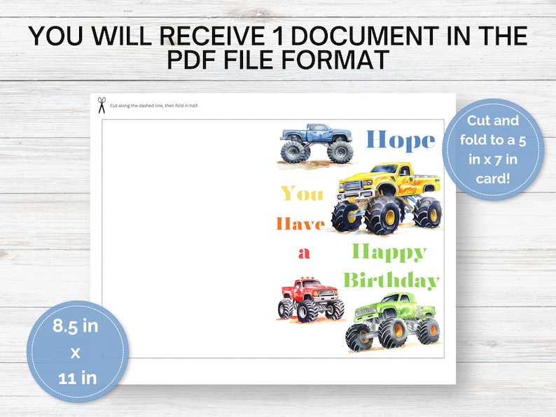 Printable Monster Truck Birthday Card for Kid Birthday Card Printable ...