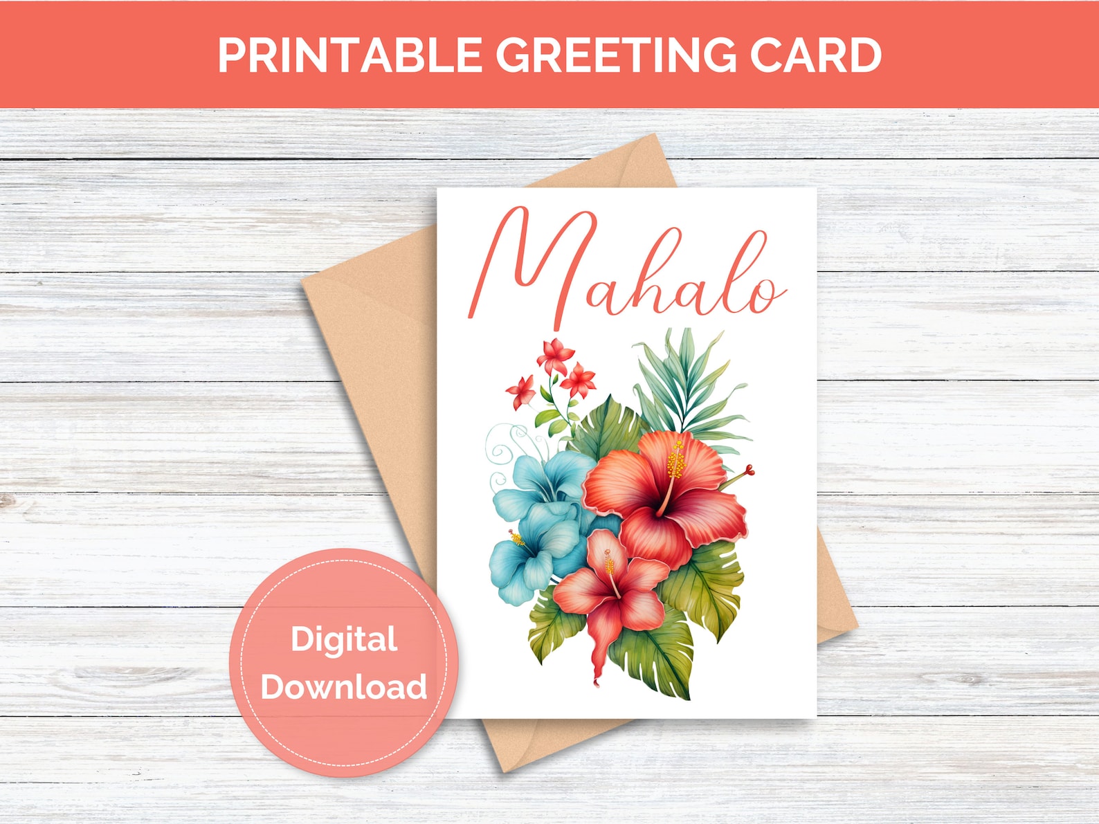 Printable Greeting Card Mahalo Hawaiian Greeting Card Thank You Card ...