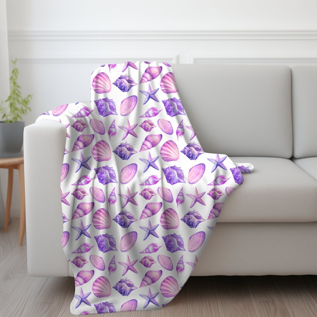 Purple Seashell Print Blanket Beach House Decor Seashell Home Decor ...