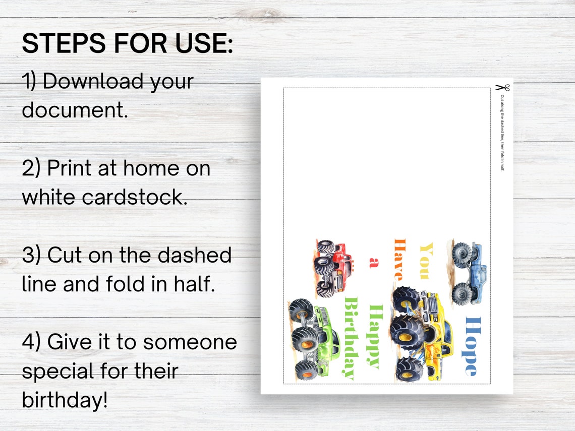 Printable Monster Truck Birthday Card for Kid Birthday Card Printable ...