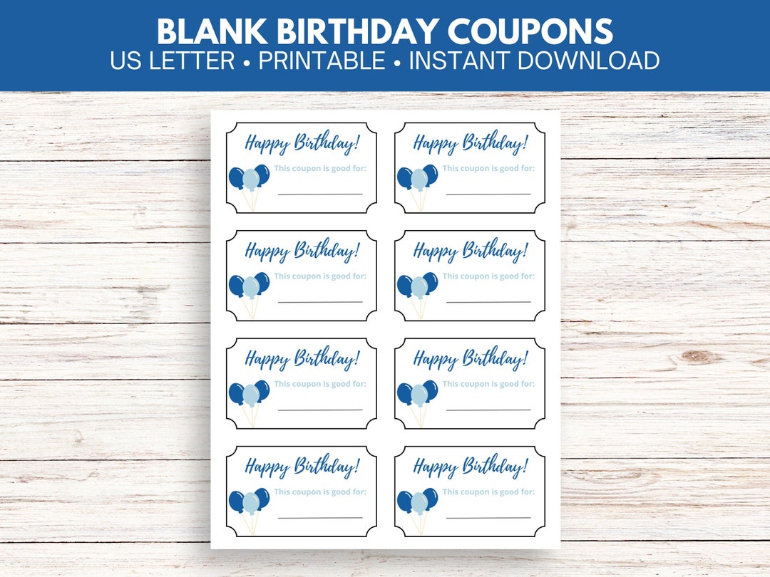 Blue Printable Blank Birthday Coupons Birthday Gift for Her Gift for ...