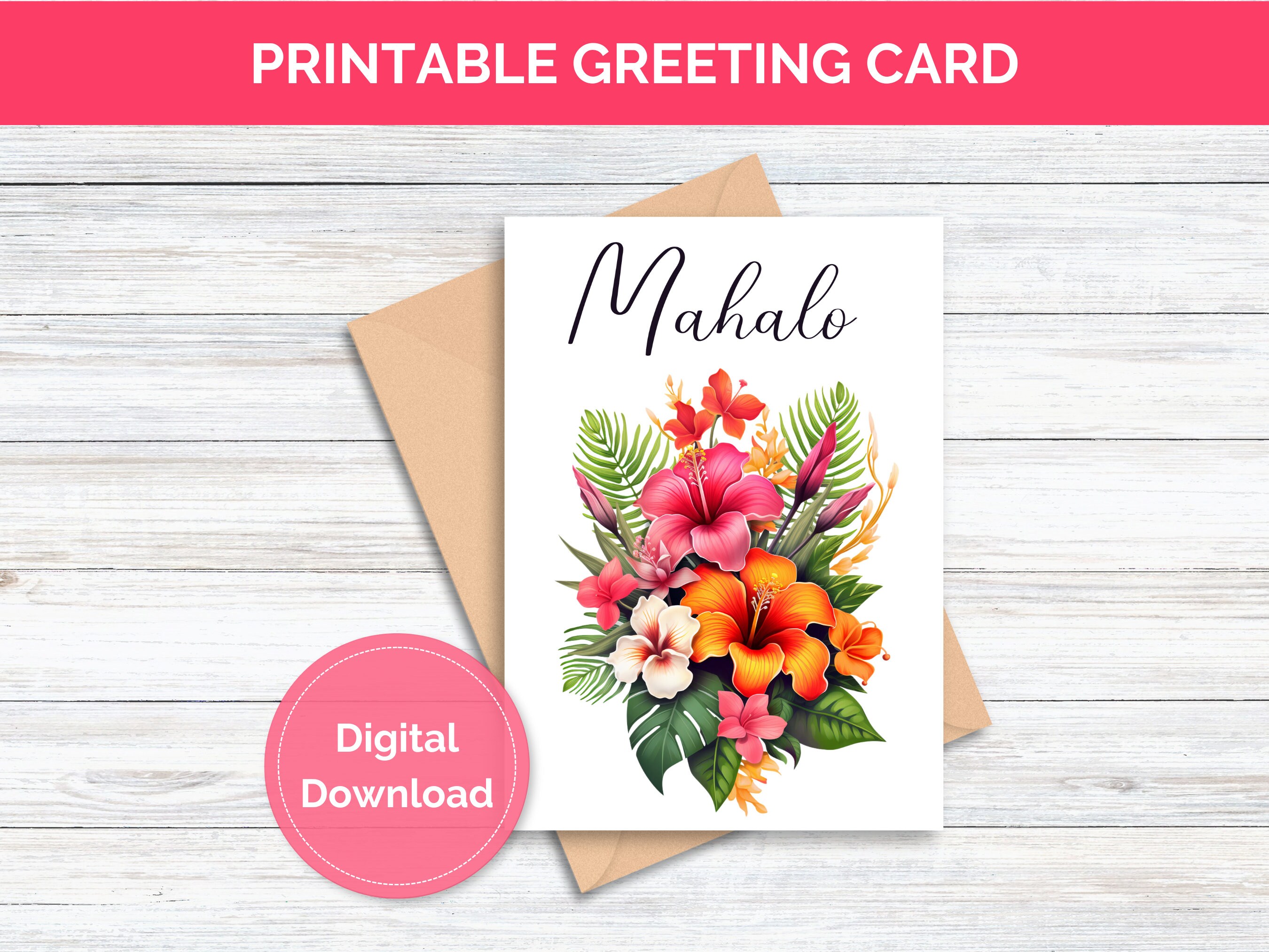 Printable Greeting Card Mahalo Hawaiian Greeting Card Thank You Card ...