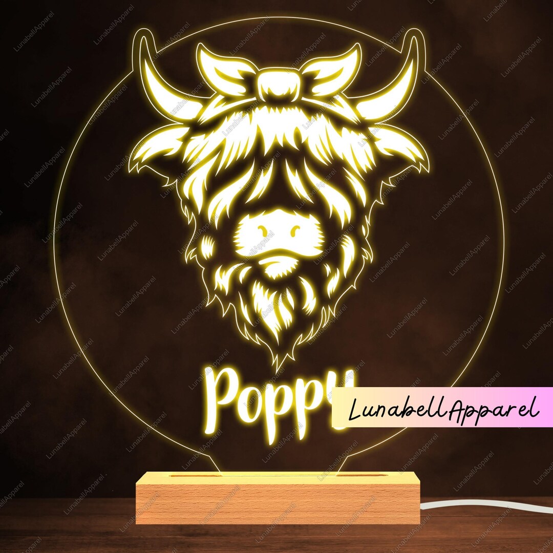 Highland Cow Cute Bow Night Light, Highland Cow Warm White Lamp ...