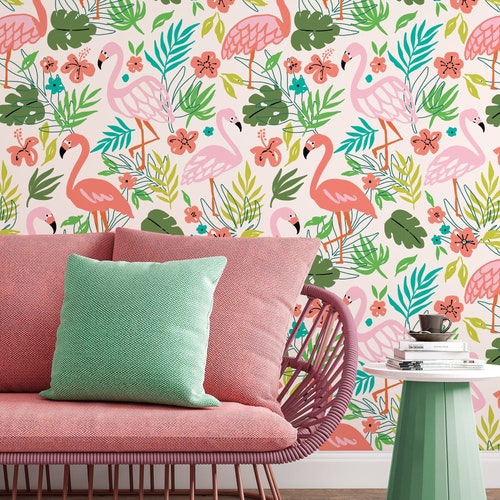 Flamingo Wallpaper Pink Flamingos on Teal Tropical Plants by - Etsy