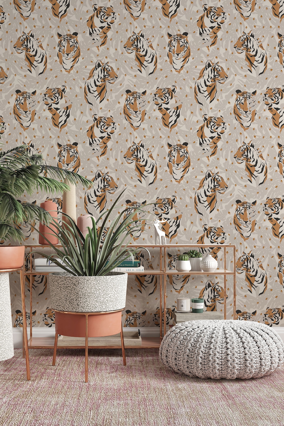 Tiger on the Biege Background - Peel & Stick Wallpaper - Removable Self ...