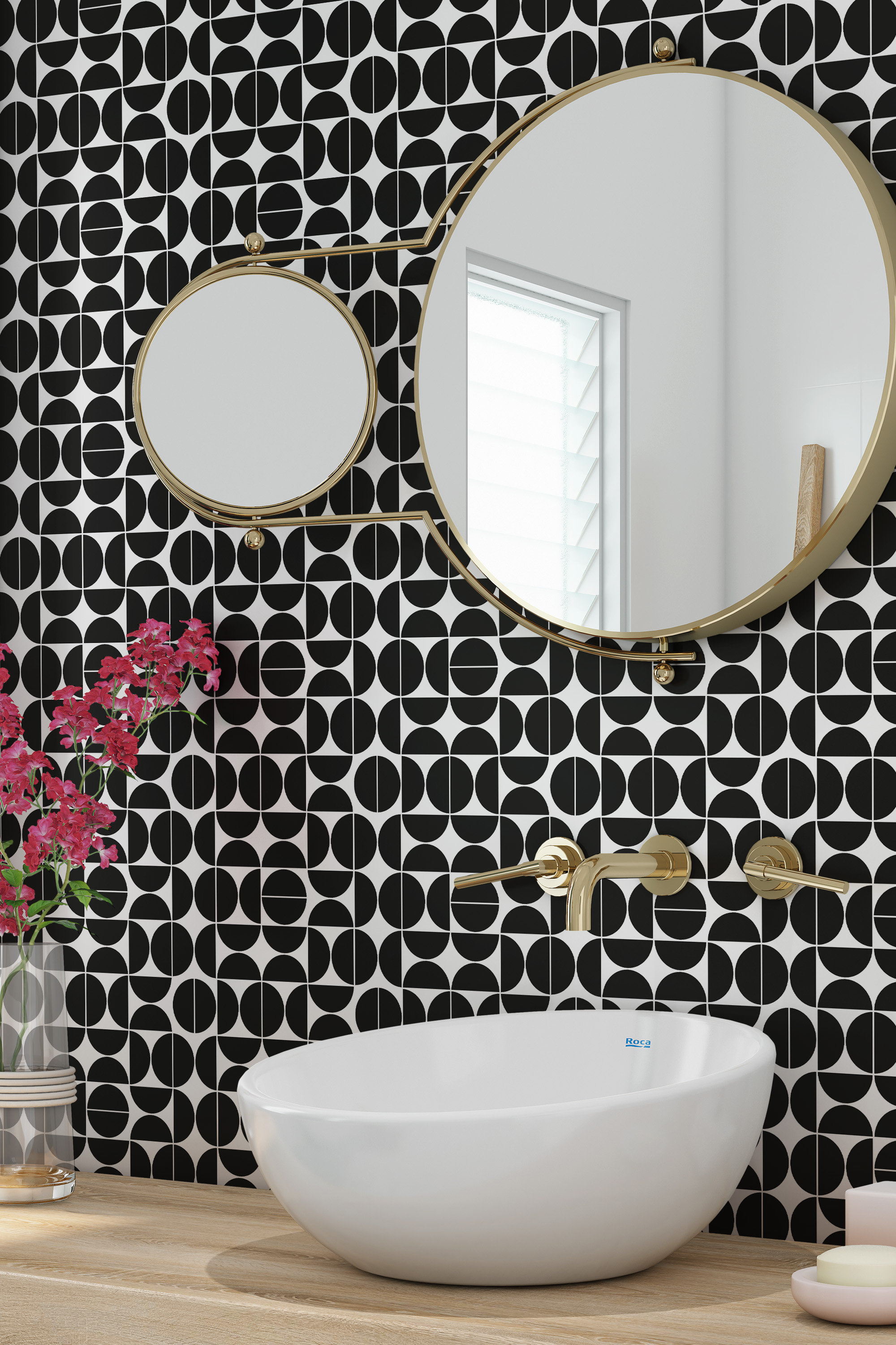 Renter Friendly Black Geometric Wallpaper Circles Moons on a White ...