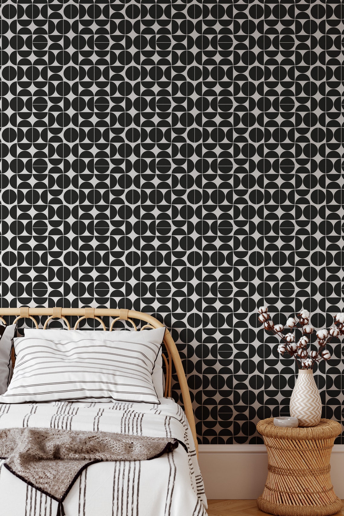 Renter Friendly Black Geometric Wallpaper Circles Moons on a White ...