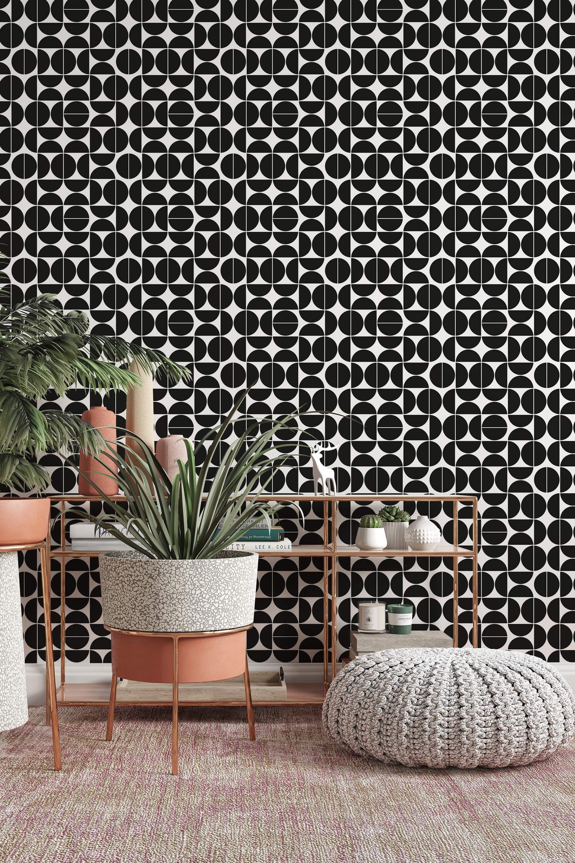 Renter Friendly Black Geometric Wallpaper Circles Moons on a White ...