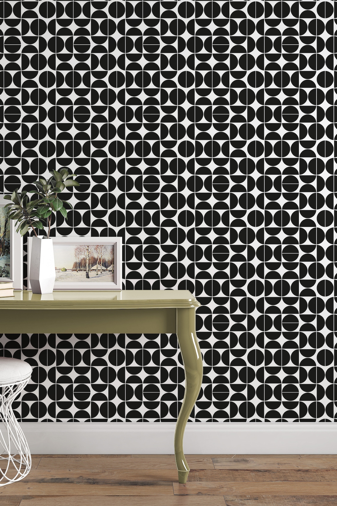 Renter Friendly Black Geometric Wallpaper Circles Moons on a White ...