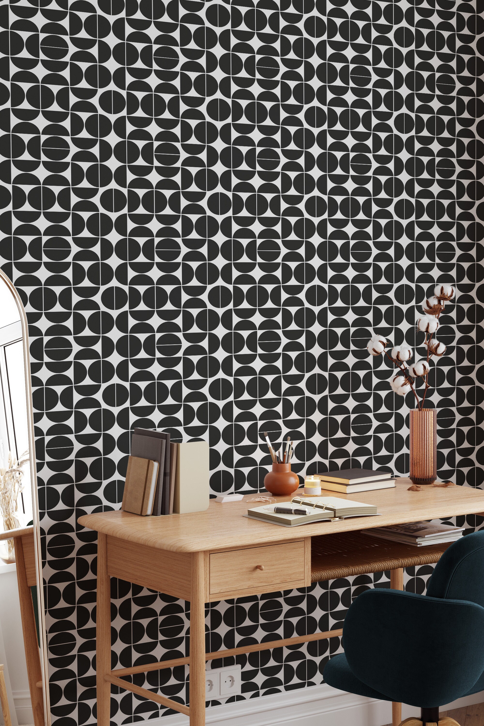 Renter Friendly Black Geometric Wallpaper Circles Moons on a White ...
