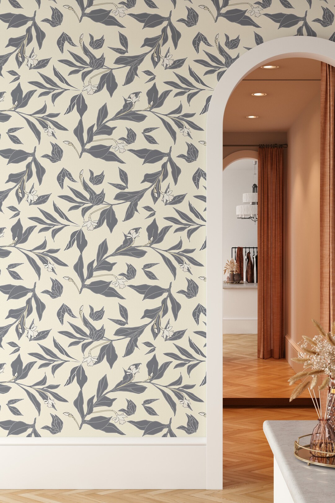 Botanical Wallpaper, Leaves on Tan Background Peel and Stick ...