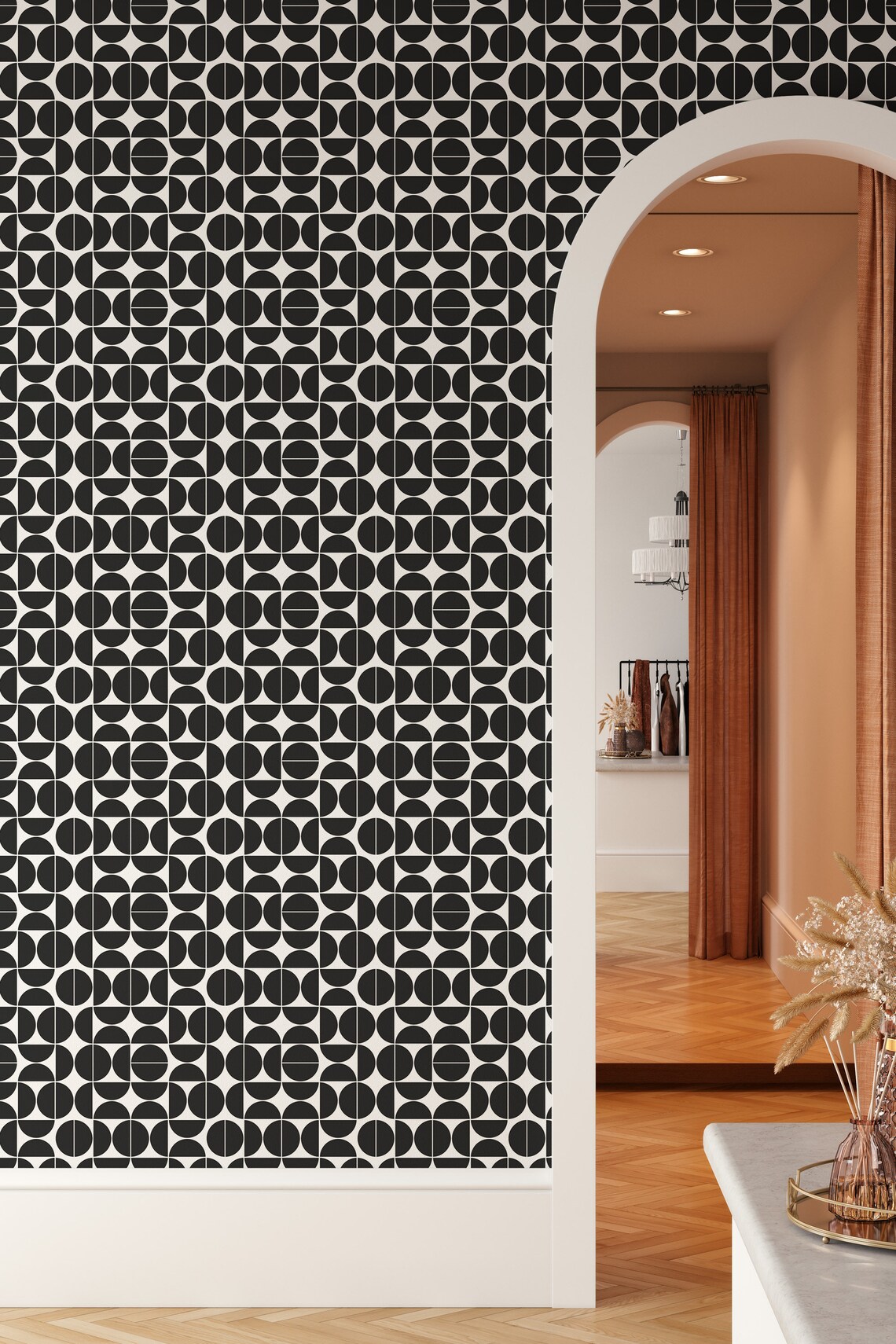Renter Friendly Black Geometric Wallpaper Circles Moons on a White ...