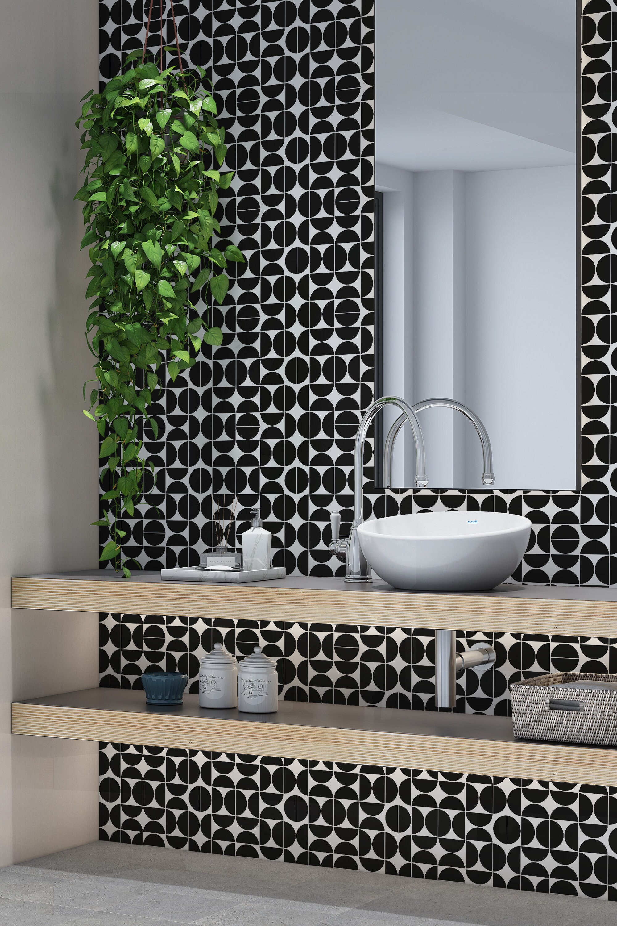 Renter Friendly Black Geometric Wallpaper Circles Moons on a White ...