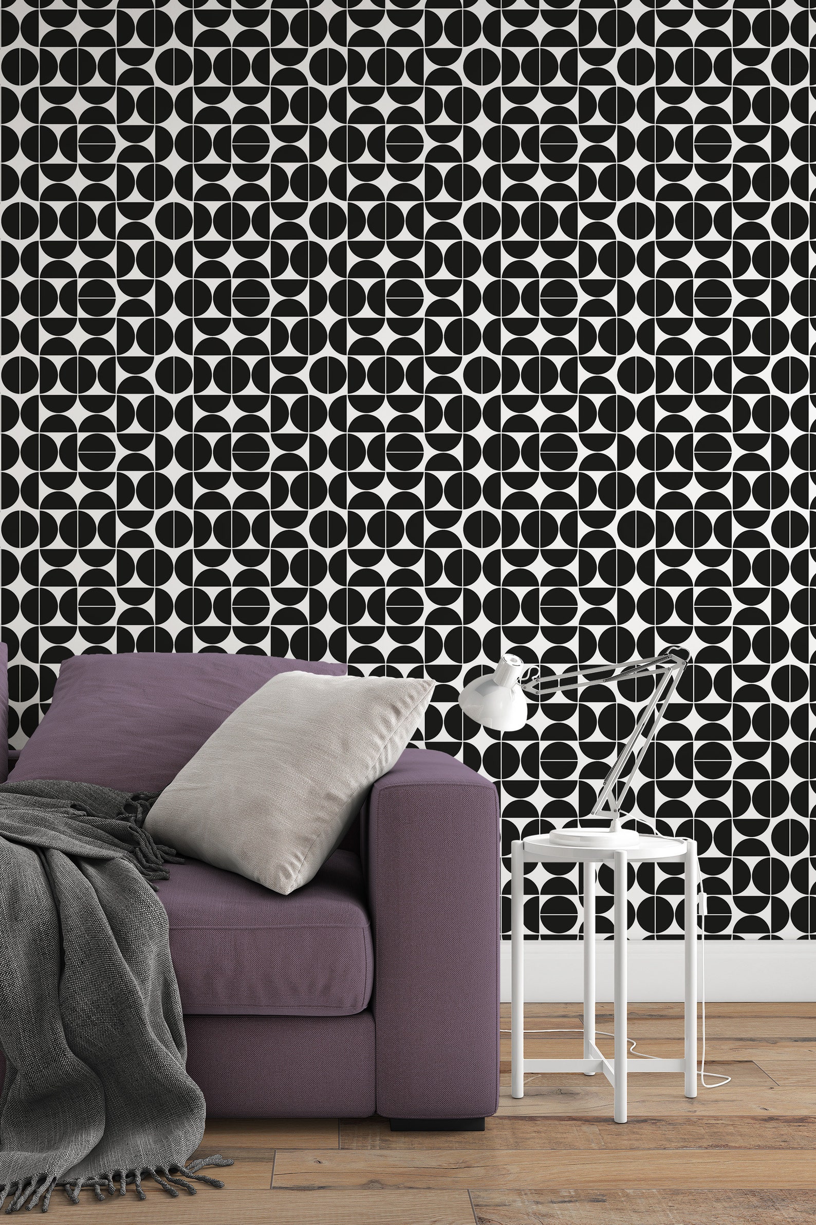 Renter Friendly Black Geometric Wallpaper Circles Moons on a White ...