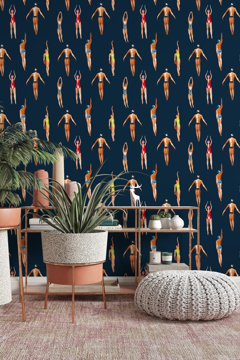 Swimmers Retro Wallpaper Navy Blue Background - Peel & Stick Wallpaper ...