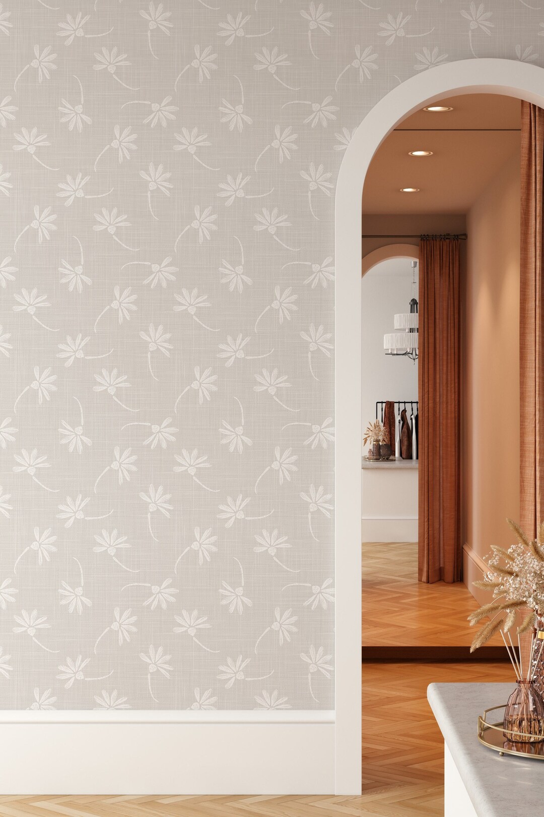 Linen Neutral Wallpaper With Flowers - Peel and Stick and Traditional ...