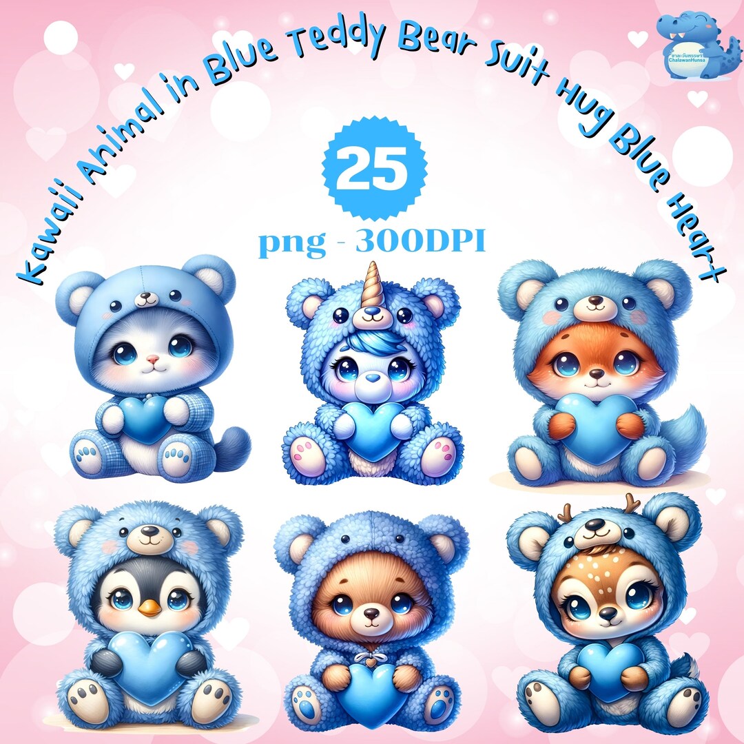 Kawaii Animal in Blue Teddy Bear Suit Costume Hug Blue Heart Clipart ...