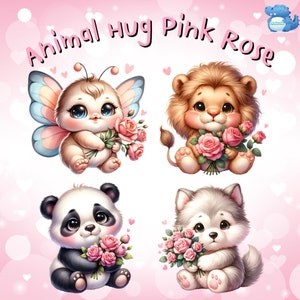 Cute Animal Hugging Pink Rose Valentine Clipart, 29 High-quality Images ...
