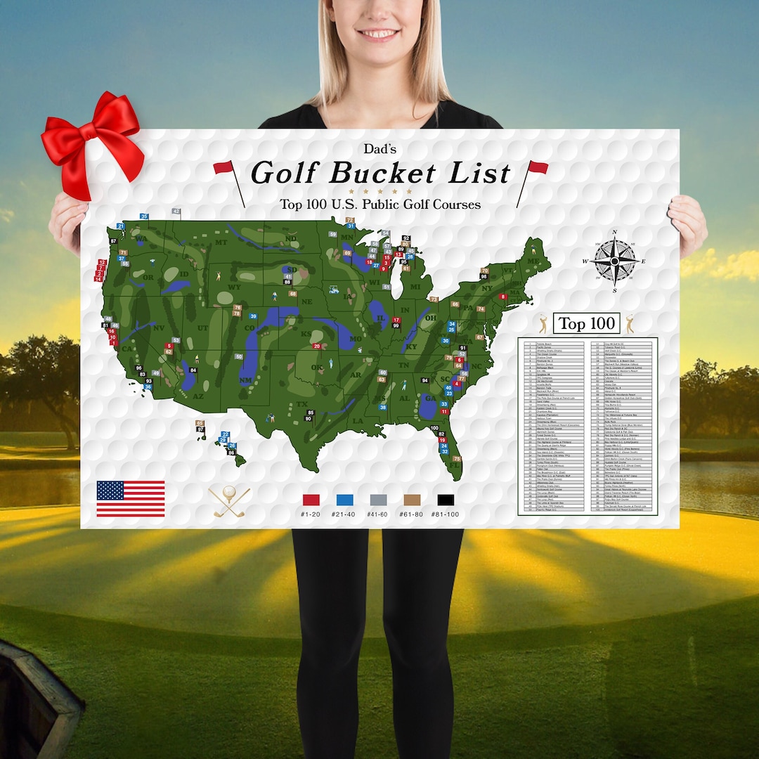 Golf Bucket List Map Print, Top 100 US Public Golf Courses List, Custom ...
