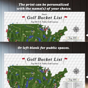 Golf Bucket List Map Print, Top 100 US Public Golf Courses List, Custom ...