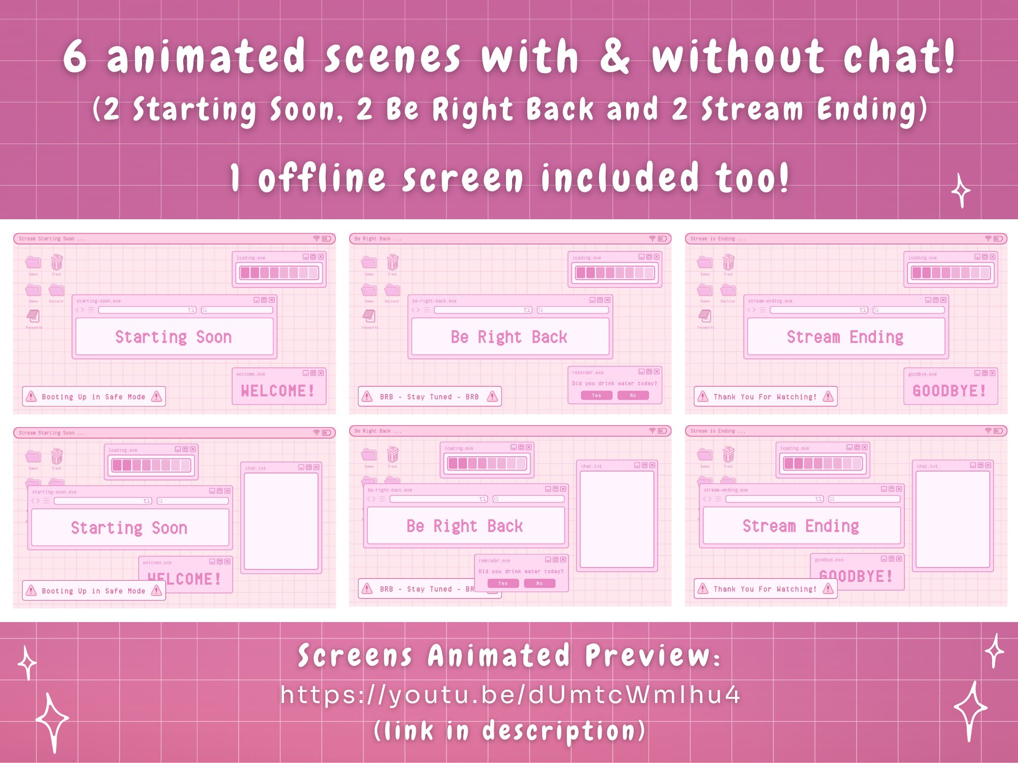 Pack de flux Twitch Overlay rose Lofi rétro mignon Kawaii esthétique - Superposition Twitch ...