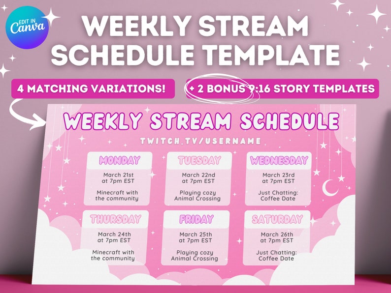 Pink Starry Sky Twitch Youtube Weekly Stream Schedule Social - Etsy