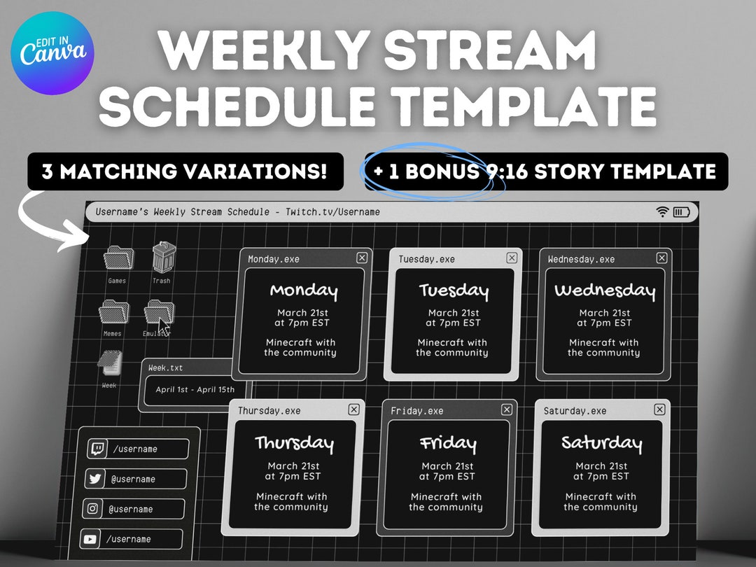 Dark Retro Lofi Twitch Youtube Weekly Stream Schedule | Social Media | Editable Canva Template ...