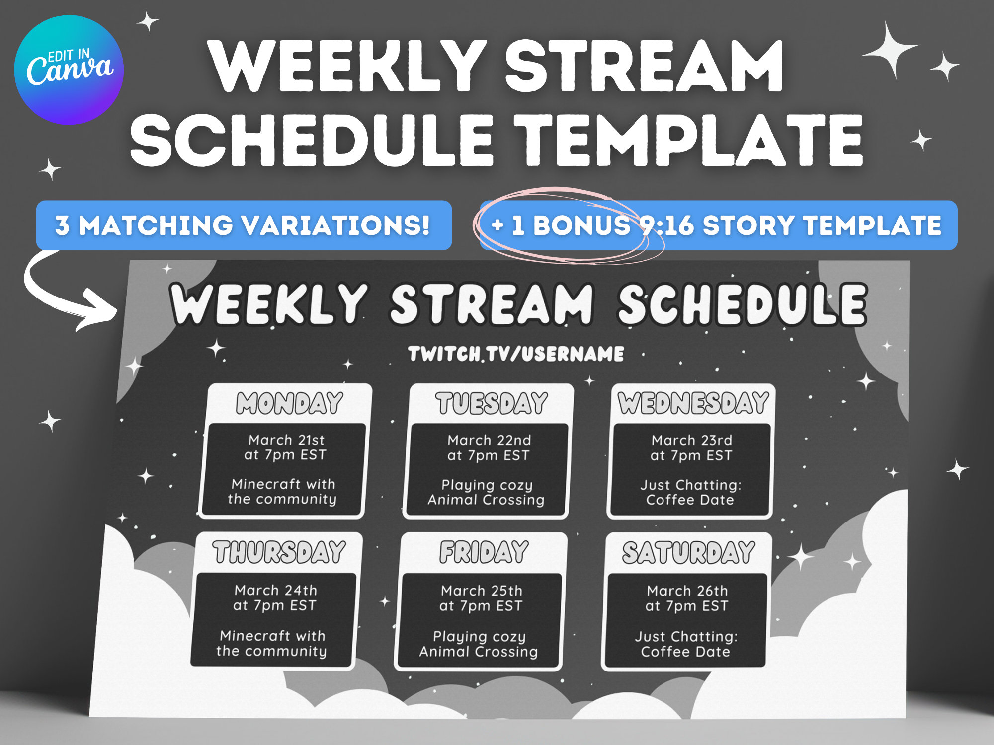 Night Sky Twitch Youtube Weekly Stream Schedule Social Media Editable ...
