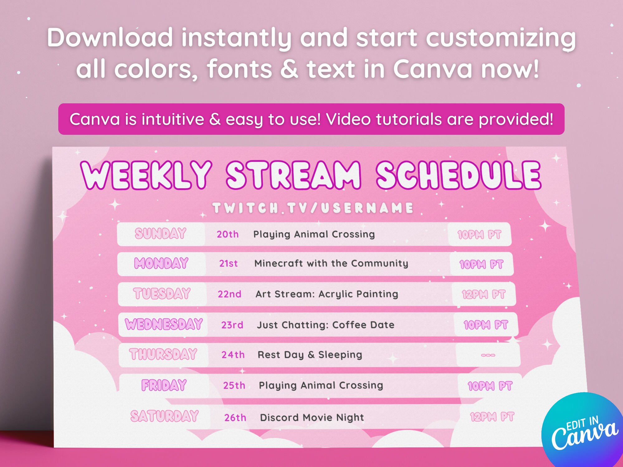 Pink Starry Sky Twitch Youtube Weekly Stream Schedule Social - Etsy