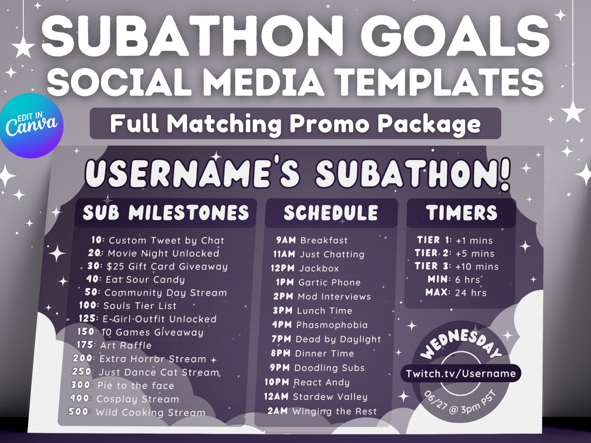 Dark Purple Night Sky Subathon - Twitch Subathon Social Media Package ...