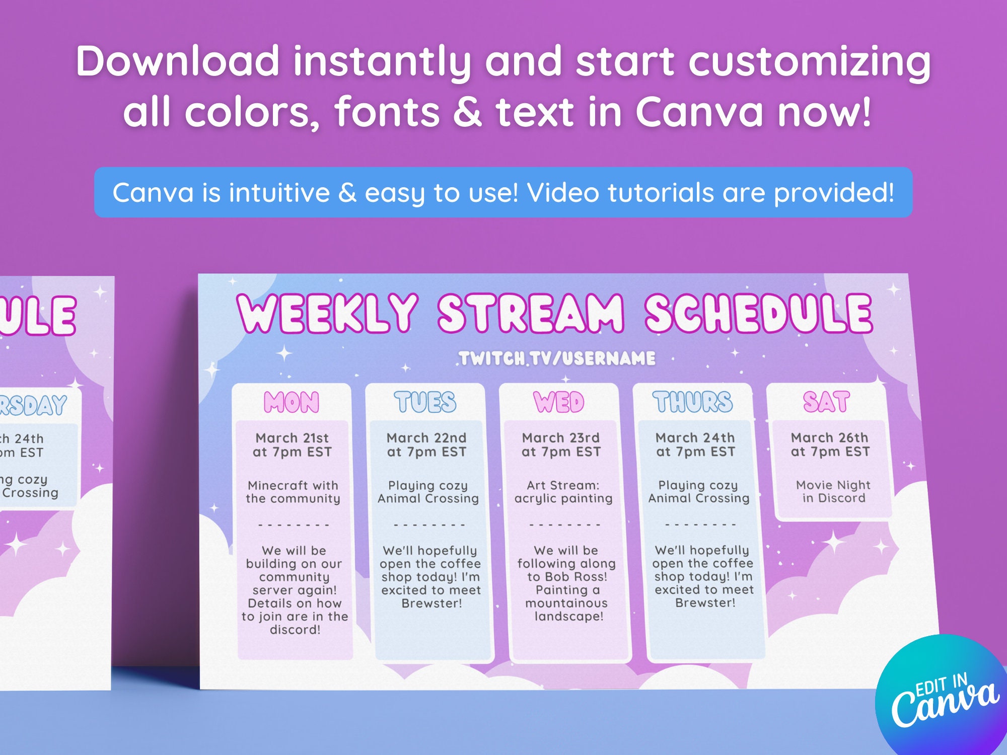 Starry Sky Twitch Youtube Weekly Stream Schedule Social - Etsy