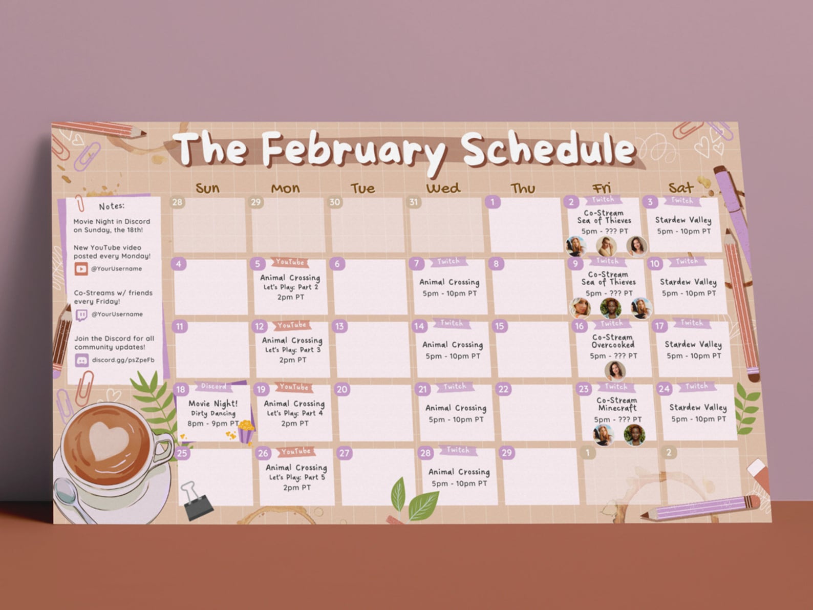 Cozy Lofi Desk Twitch Youtube Monthly Stream Schedule | Social Media | Canva Twitch Schedule ...
