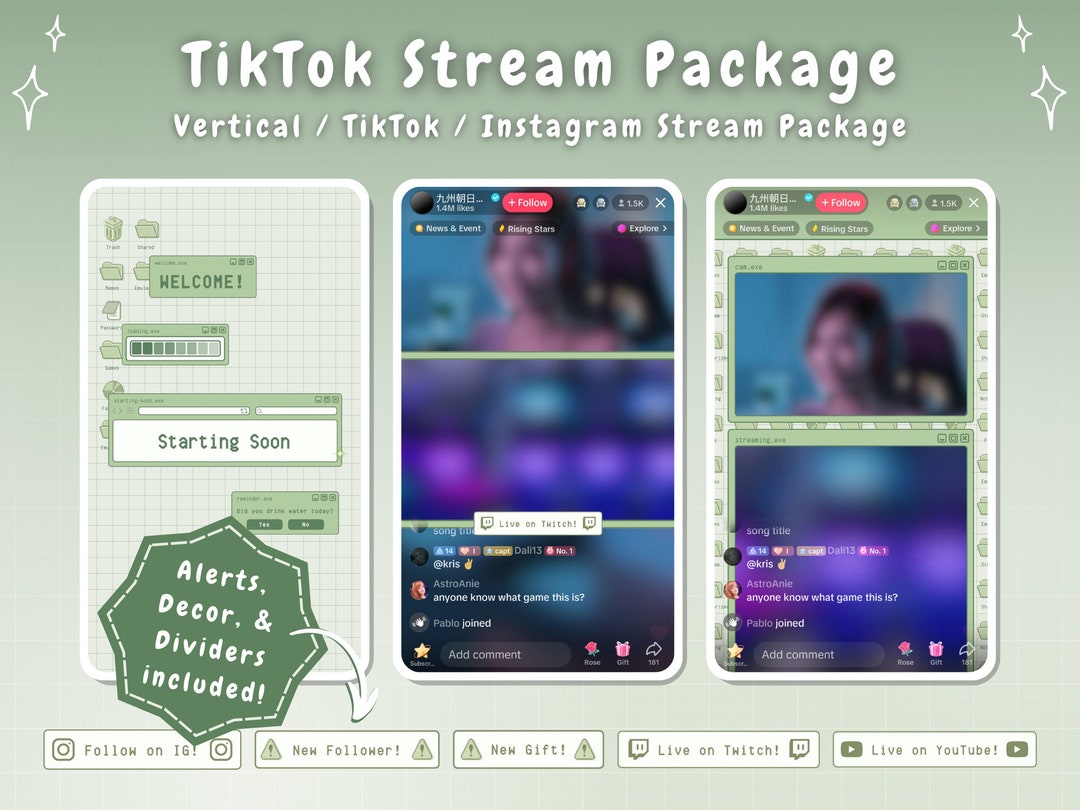 Tiktok Stream Overlay Package - Green Retro Lofi Kawaii Aesthetic ...