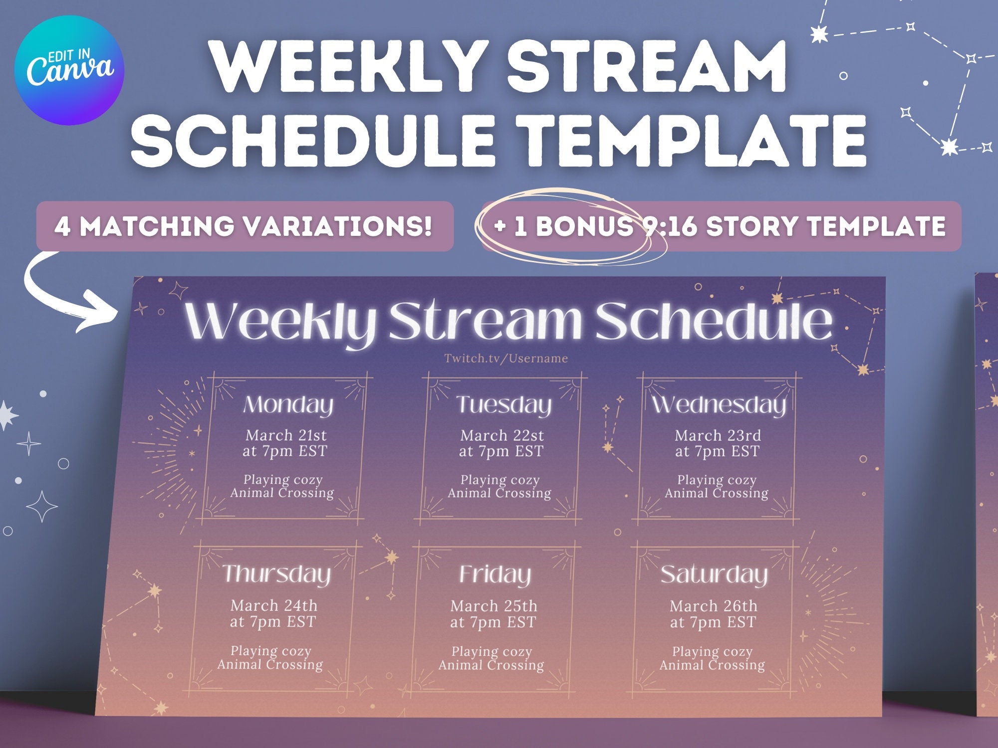 Celestial Twitch Youtube Weekly Stream Schedule Social Media - Etsy