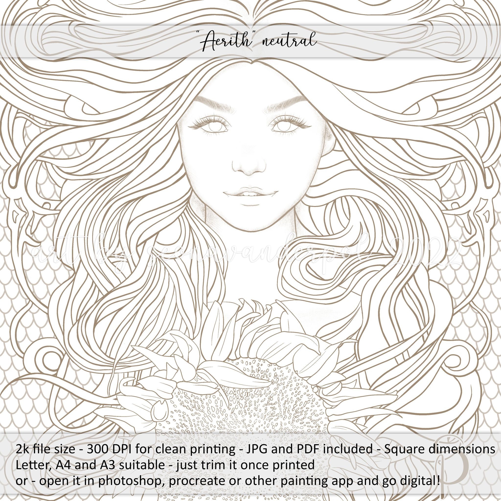 Aerith Colouring Page, Colouring for Adults, Colouring Book Meditation ...