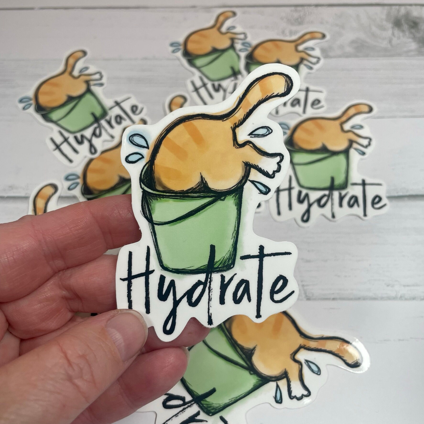 Hydrate Sticker Funny Cat in a Bucket Splashing Water Bottle Decal ...