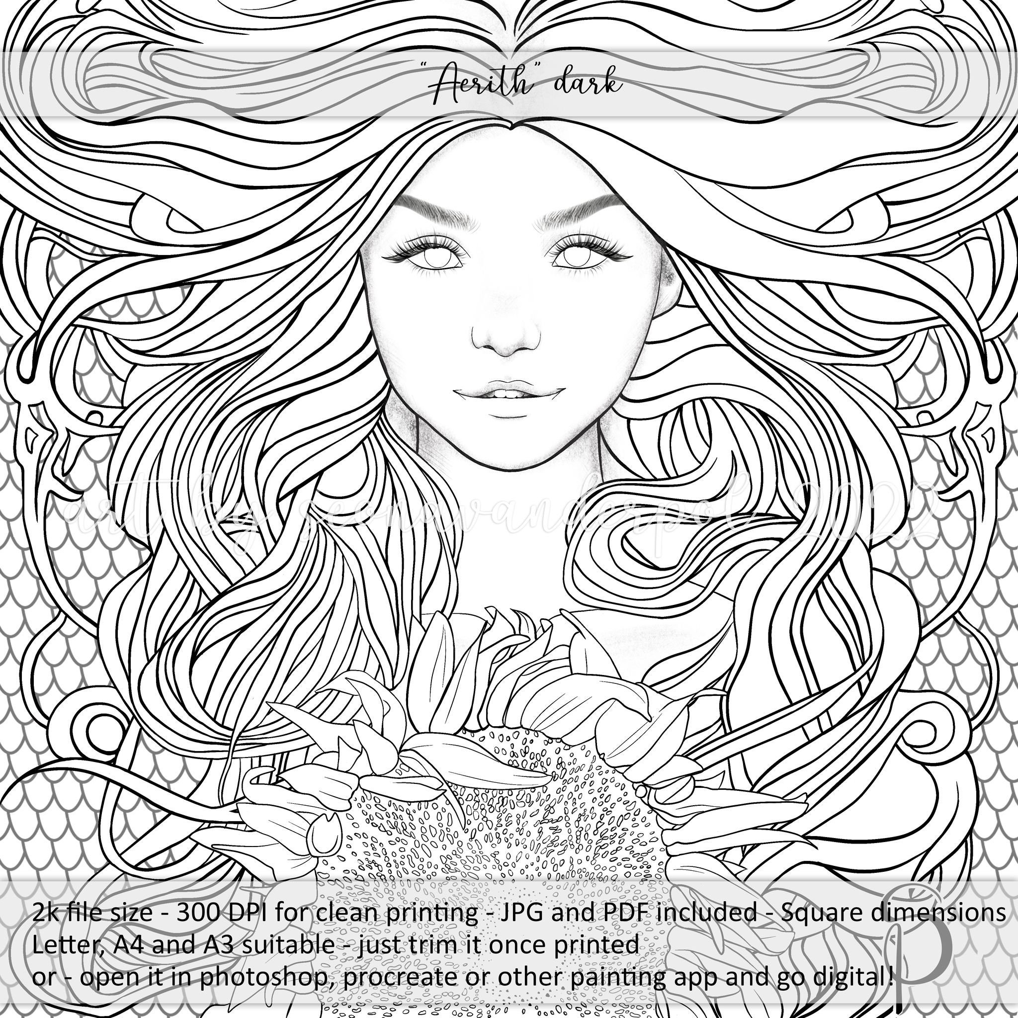 Aerith Colouring Page, Colouring for Adults, Colouring Book Meditation ...