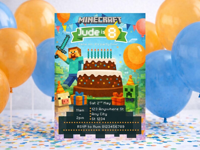 Minecraft 8th Birthday Invitation, Canva, Editable 5x7 Party Invite ...