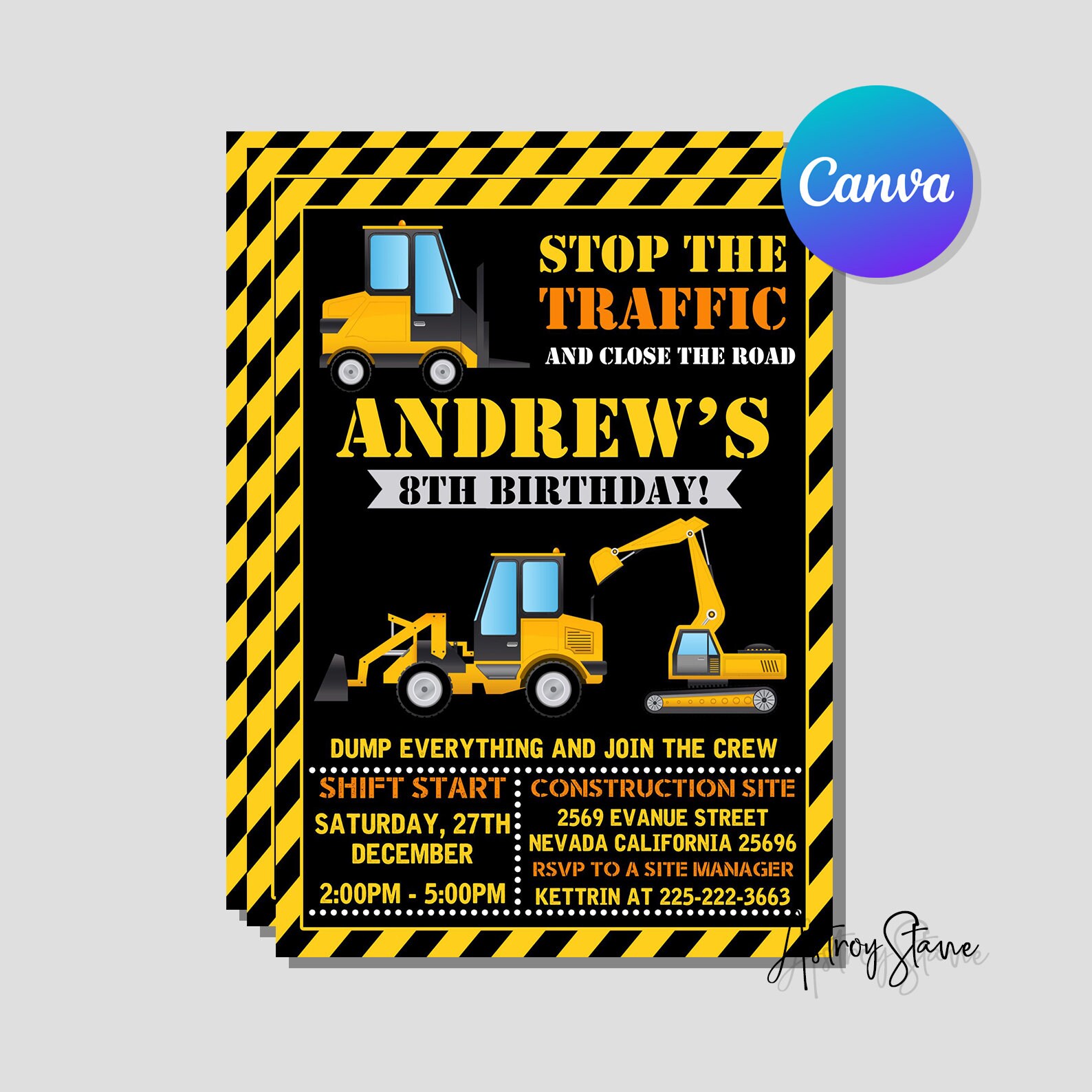 Digital Birthday Invitation,construction Invitation,construction ...