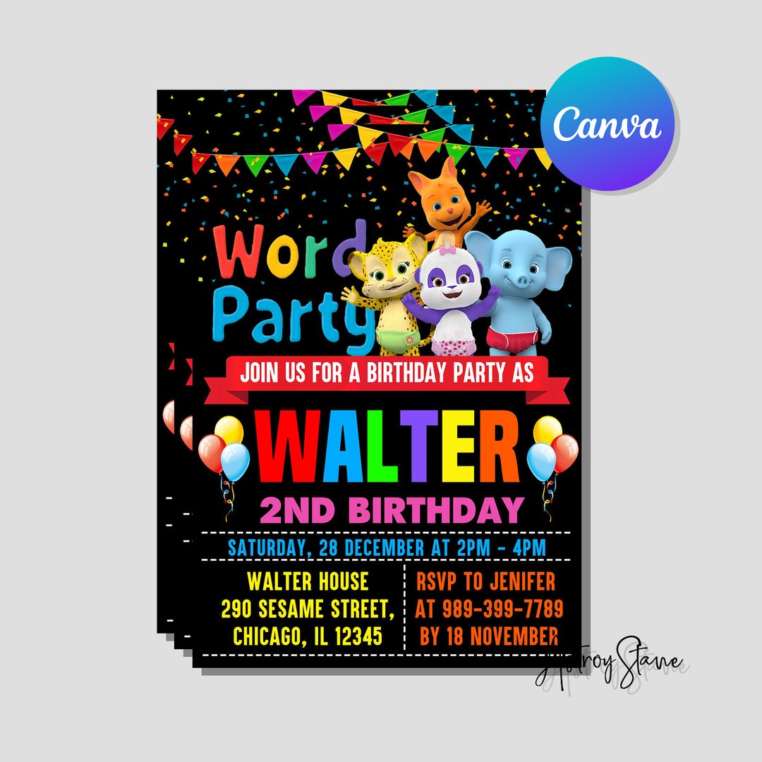 Digital Birthday Invitation,word Party Invitation,word Party Birthday ...