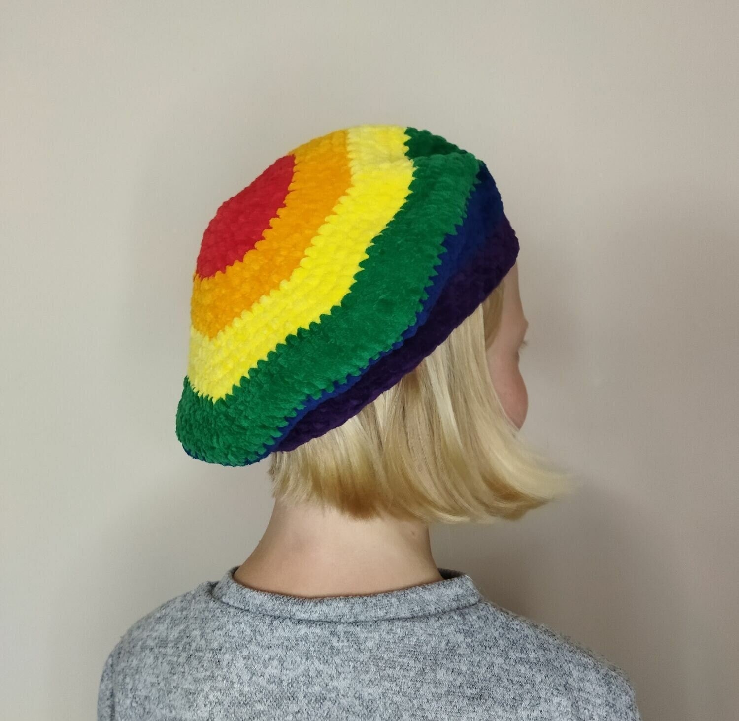 Rainbow Beret Medium French Beret Knit Hat Beanie Plur Party - Etsy