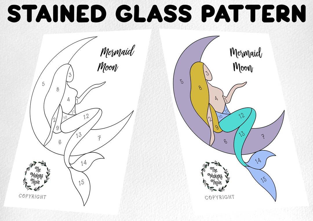 Stained Glass Pattern, Stained Glass Mermaid Moon Pattern, Digital ...