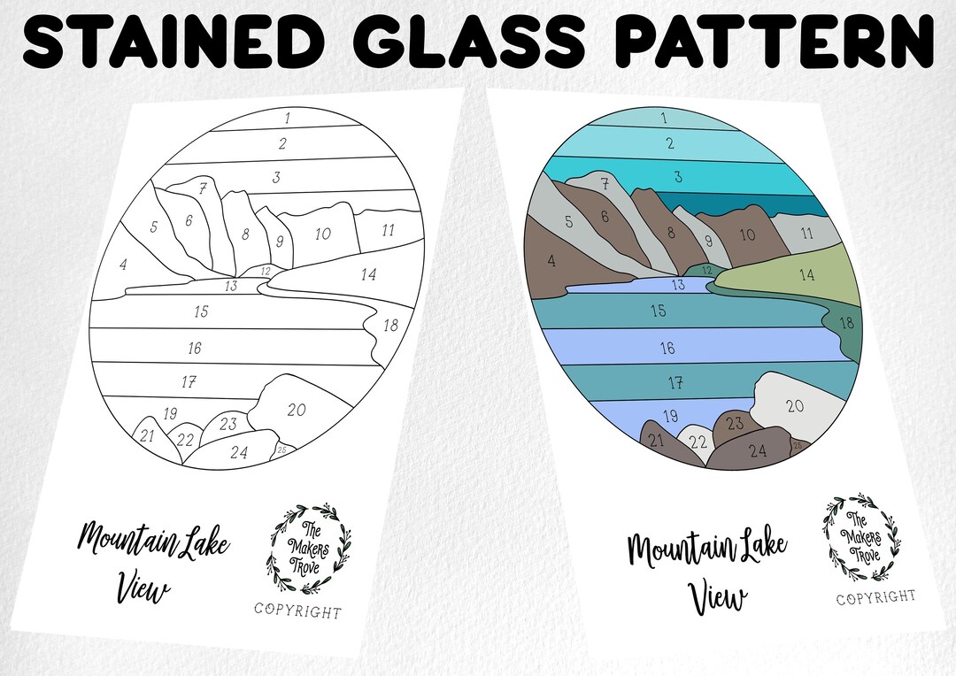 Stained Glass Pattern, Digital Download, Mountain Lake View Stained ...