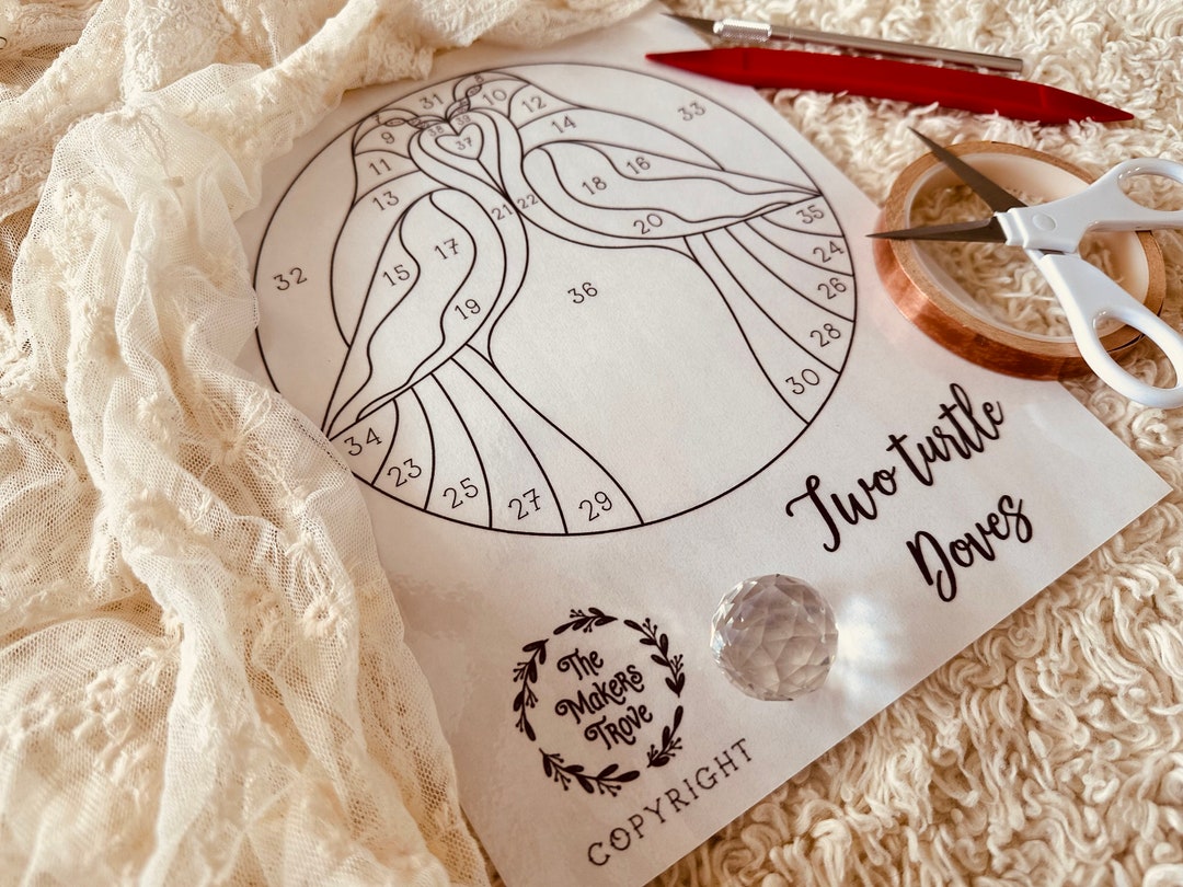 Stained Glass Pattern, Stained Glass Two Turtle Doves Pattern, Digital ...