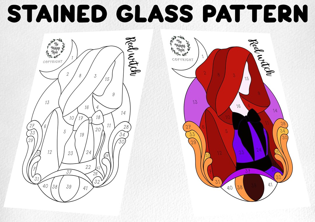 Stained Glass Pattern, Riding Hood Red Witch Panel Pattern, Digital ...