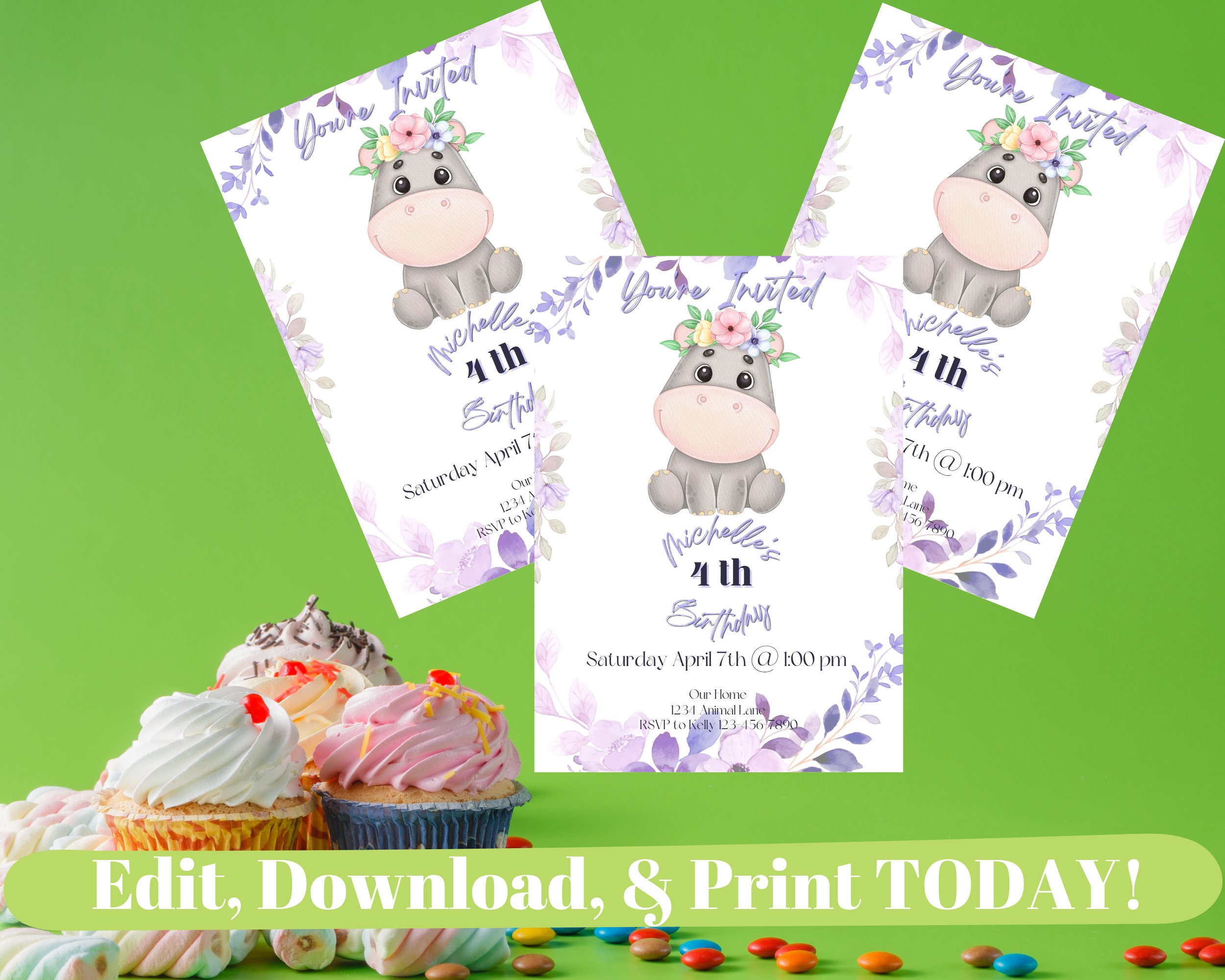 Editable Hippo Invitation Template to Download Printable Digital File ...