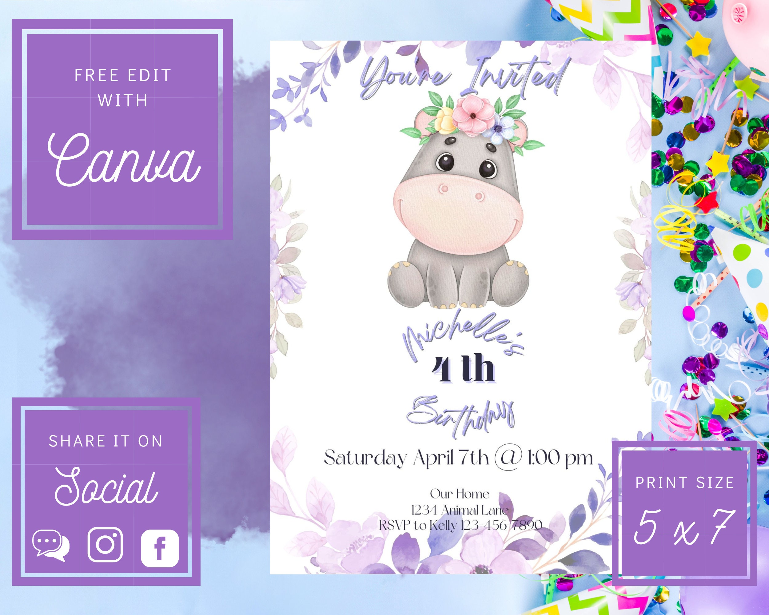 Editable Hippo Invitation Template to Download Printable Digital File - Etsy